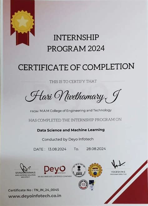 Internship Datascience Machinelearning Deyoinfotech Proudmoment
