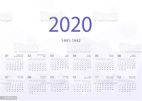 이슬람 달력 2020 회교식 14411442 부드러운 보라색 기하학적 배경에서 일요일에 시작하는 주 벡터 축하 템플릿입니다 0