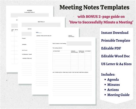 Meeting Notes Template Printable Editable Digital PDF Word Etsy