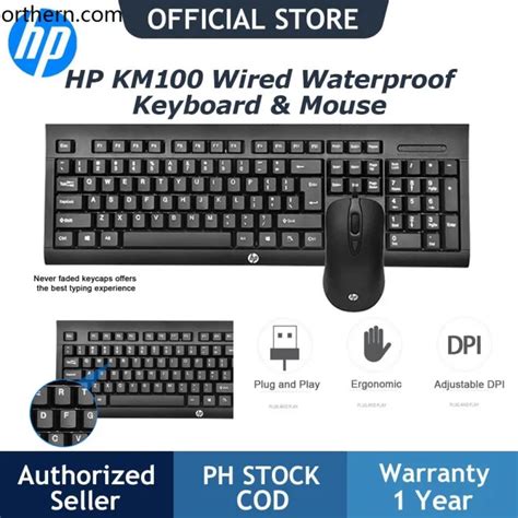 【ph Stock】 Hp Km100 Wired Usb Waterproof Keyboard And Mouse Combos Set