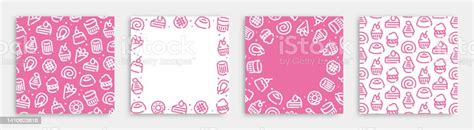 그래픽 디자인을위한 과자 및 케이크 아이콘 패턴 배경 정사각형 벡터 템플릿 세트입니다 크레이프 팬케이크에 대한 스톡 벡터 아트 및 기타 이미지 크레이프 팬케이크 패턴