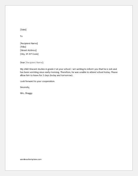 10 Excuse Letters For Being Absent In School For Various Reasons Word
