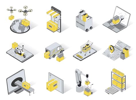 Premium Vector Delivery Concept 3d Isometric Icons Set Pack Element Of Flying Drone Global