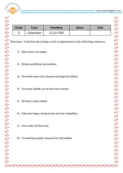 Conjunction Worksheets For Grade 2 ELearning24x7