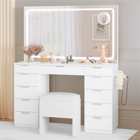 Dextrus Elegant Vanity Desk Set With Large Led Mirror And Power Outlet