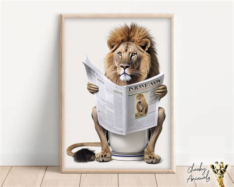 Lion Sitting On The Toilet Reading A Newspaper Funny Bathroom Etsy