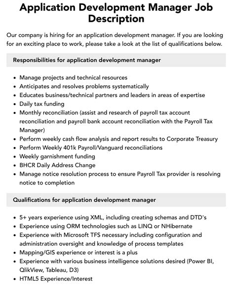 Application Development Manager Job Description Velvet Jobs