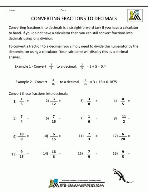 Convert To Decimal Worksheets