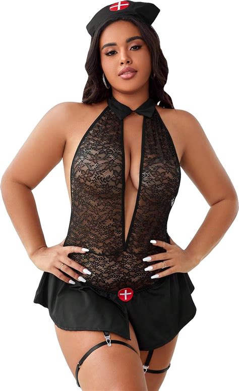 Wdirara Womens Plus Size Nurse Costume Lace Garter Teddy