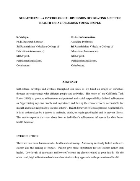 Pdf Self Esteem A Psychological Dimension Of Creating A Better