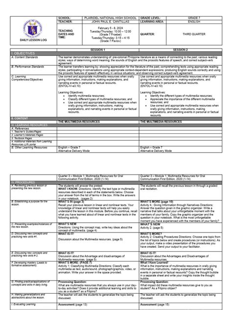 English 7 Q3 Week1 Daily Lesson Log Pdf Multimedia Learning