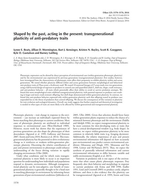 Pdf Shaped By The Past Acting In The Present Transgenerational Plasticity Of Anti Predatory