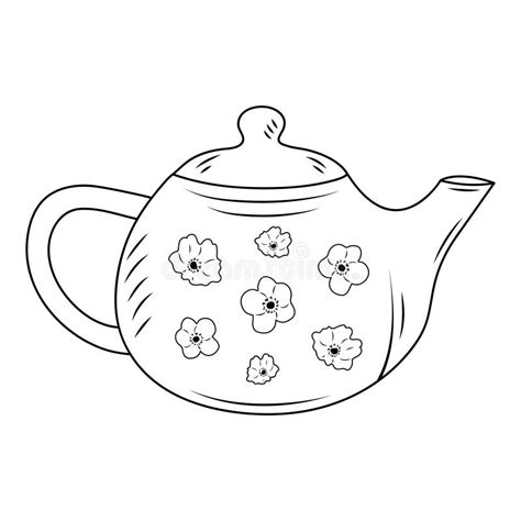 Cute Hygge Ceramic Teapot With Flowers Hand Drawn Illustration In