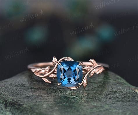 Vintage Cushion Cut London Blue Topaz Engagement Ring Rose Gold Leaf N