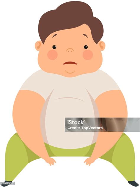 귀여운과 체중 소년 바닥에 앉아 흰색 바탕에 통 통한 아이 만화 문자 벡터 일러스트 레이 션 건강에 좋지 않은 음식에 대한 스톡