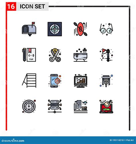 16 Universal Flat Color Filled Line Signs Symbols Of File Develop Canoe Coding Glasses Stock