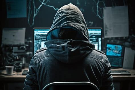 Premium Photo Hacker Front Of His Computer Committing Digital Cybercrime Side View