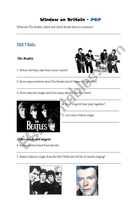 Window On Britain Pop Esl Worksheet By Gelleorsi