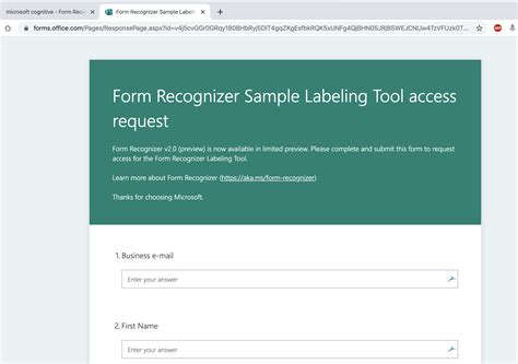Azure Cognitive Services Form Recognizer Label Tool Request Form Link