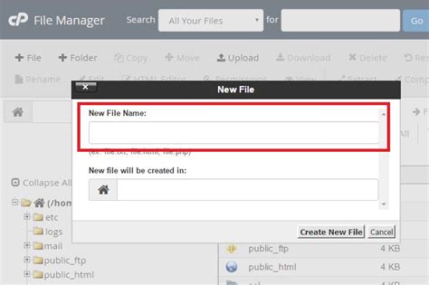 Cpanel File Manager Creating A New File Or New Folder