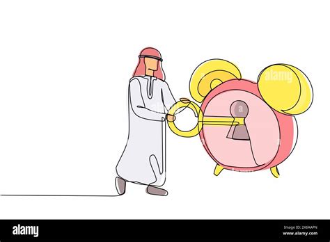 Single Continuous Line Drawing Arabian Businessman Putting Big Key Into Alarm Clock Deadline