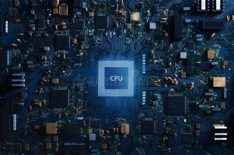 Top Down Circuit Board View Blue Glowing Cpu Surrounded By Components