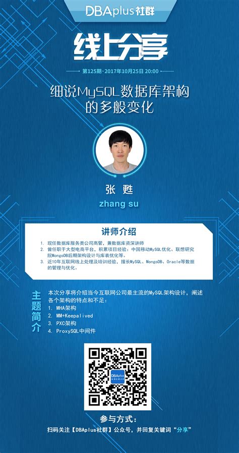 【dbaplus社群线上分享125期】细说mysql数据库架构的多般变化 线上分享 Dbaplus社群：围绕data