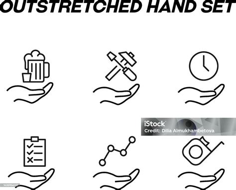 상점 상점 웹 사이트를위한 평면 스타일의 흑백 표지판 편집 가능한 스트로크 맥주 빌더 도구 시계 거래 진행률 손으로 테이프를 측정하는 기호로 설정된 벡터 라인 아이콘