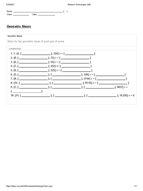 Geometric Means Solve For The Geometric Mean Of Each Pair Of Terms Pdf