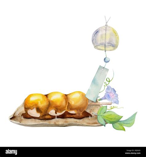 Watercolor Hand Drawn Traditional Japanese Sweets Ceramic Dish Dango