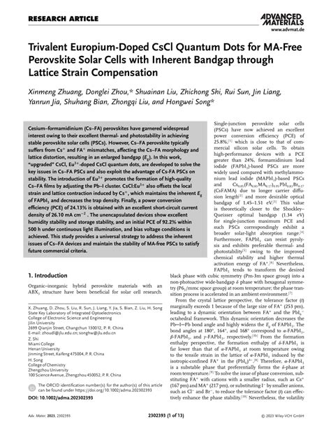 Trivalent Europium‐doped Cscl Quantum Dots For Ma‐free Perovskite Solar Cells With Inherent