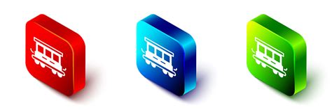 흰색 배경에 고립 된 등색 승객 열차 자동차 장난감 아이콘 철도 마차 빨간색 파란색 및 녹색 사각형 버튼 벡터 3차원 형태에 대한 스톡 벡터 아트 및 기타 이미지 Istock
