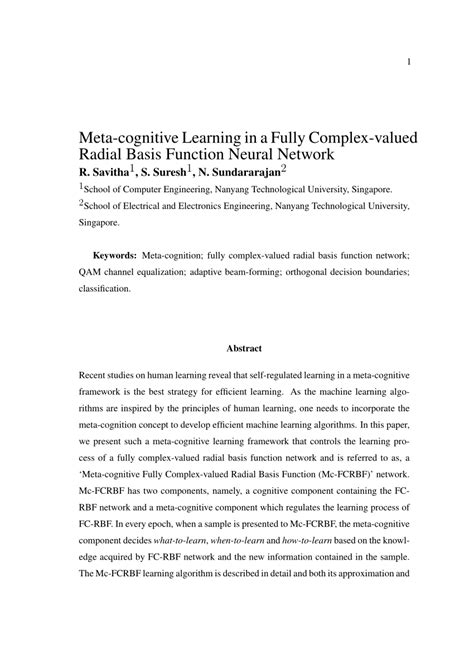 Pdf Metacognitive Learning In A Fully Complex Valued Radial Basis Function Neural Network