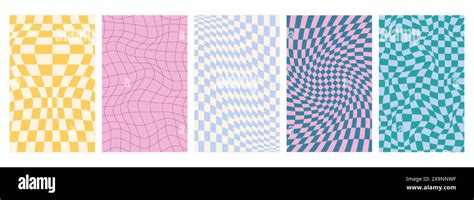 Psychedelic Checkerboard Background Set With Wavy Grid Tile Checkered Seamless Geometric