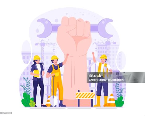 5월 1일 노동절 그림 거대한 팔 주먹 동상을 들고 건설 노동자 근로자의 날 벡터 일러스트 레이 션 5월에 대한 스톡 벡터 아트