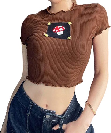 Womens Graphic Crop Tops Y2k Slim Fit Top Short Sleeve Cropped Shirt