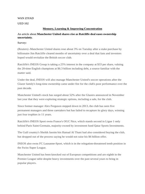 Memory Learning And Improving Concentration Pdf Manchester United Fc Association Football