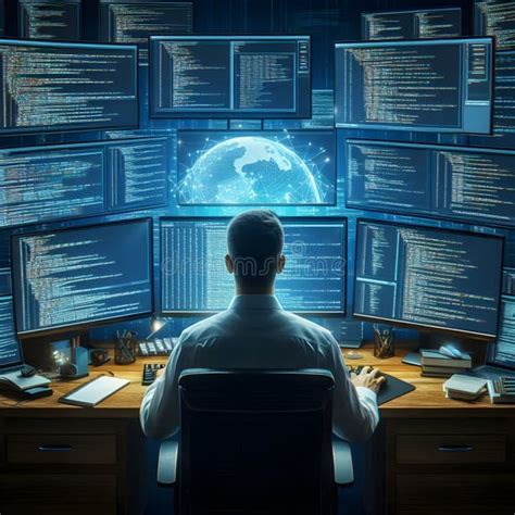Programmer Working With Global Network And Multiple Computer Screens