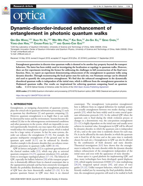 Pdf Dynamic Disorder Induced Enhancement Of Entanglement In Photonic Quantum Walks
