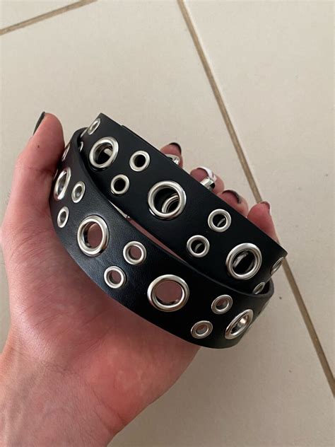 Black Leather Double Row Grommet Belt Punk Chain Belt Y2k Etsy