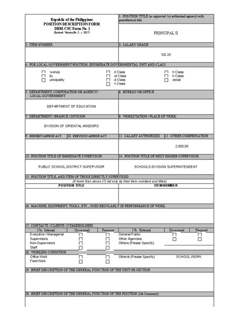 republic of the philippines position description form dbm csc form no