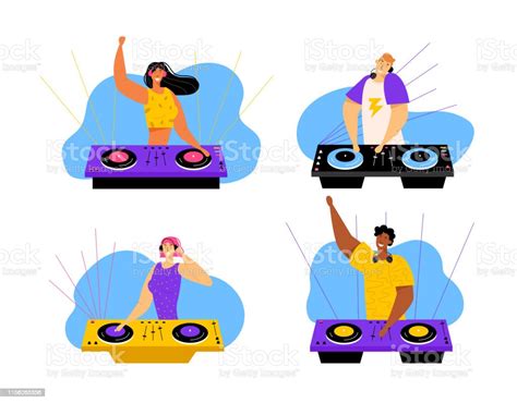 해피 Dj 남성과 여성 캐릭터 세트입니다 나이트 클럽 디스코 파티에서 헤드폰을 연주하고 음악을 믹싱하는 남성과 여성 재미 청소년