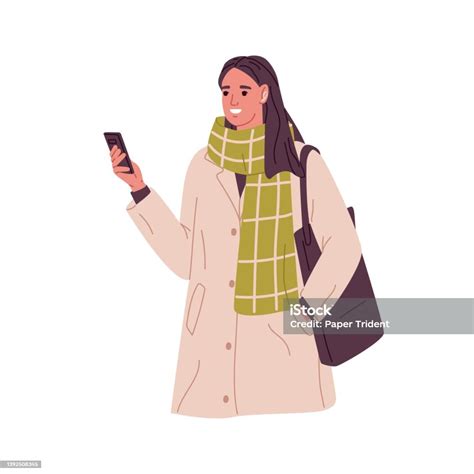 휴대 전화로 음악을 듣는 이어폰을 가진 행복한 사람 스마트 폰 핸드폰을 손에 들고 야외에서 이어버드를 들고 서있는 웃는 여성 흰색 배경에 격리된 플랫 벡터 일러스트 레이 션