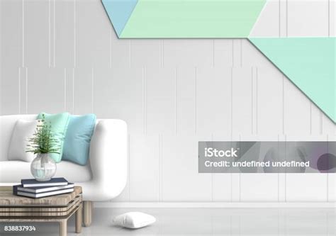 파스텔 룸 화이트 소파 유리 화병 가벼운 녹색 및 밝은 파란색 베개 파란 책 파스텔 시멘트 벽 그것은 격자 무늬와 흰색 시멘트 바닥에 나무를 꾸며져 있습니다 3d
