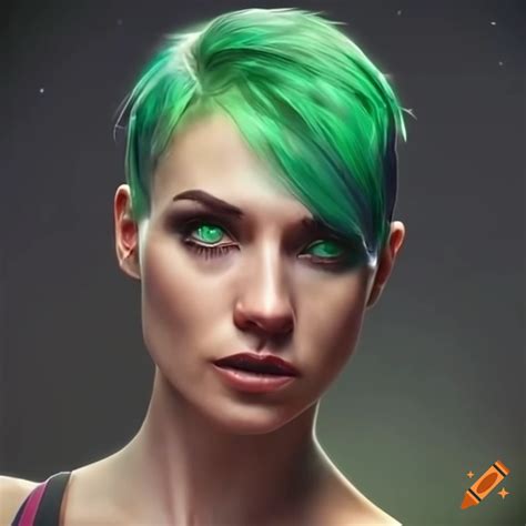 Character Design Of A Futuristic Woman With Short Green Hair On Craiyon