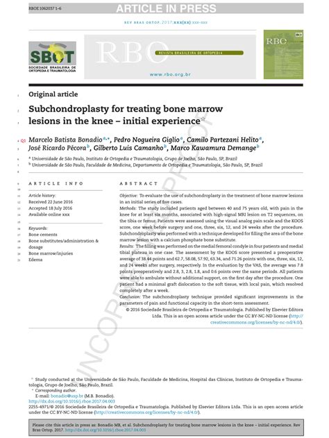 Pdf Subchondroplasty For Treating Bone Marrow Lesions In The Knee