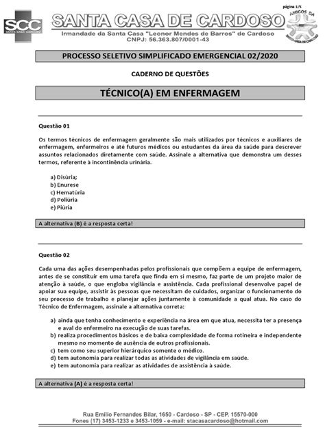 Prova Tecnico Em Enfermagem Com Gabarito Pdf Enfermagem