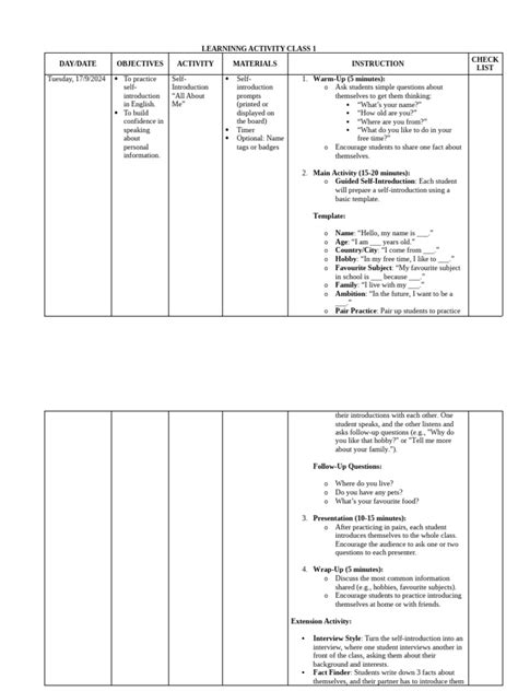Learninng Activity Class 1 Pdf