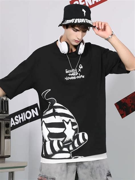 Men Cartoon And Slogan Graphic Drop Shoulder Tee Trendy Shirts Trendy