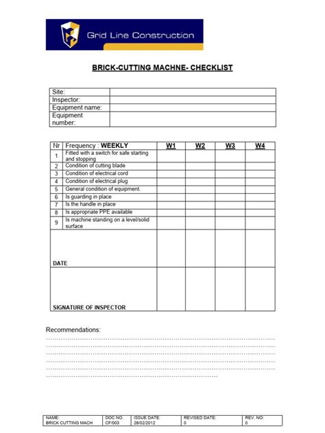 003 Brick Cutting Machine Checklist Pdf
